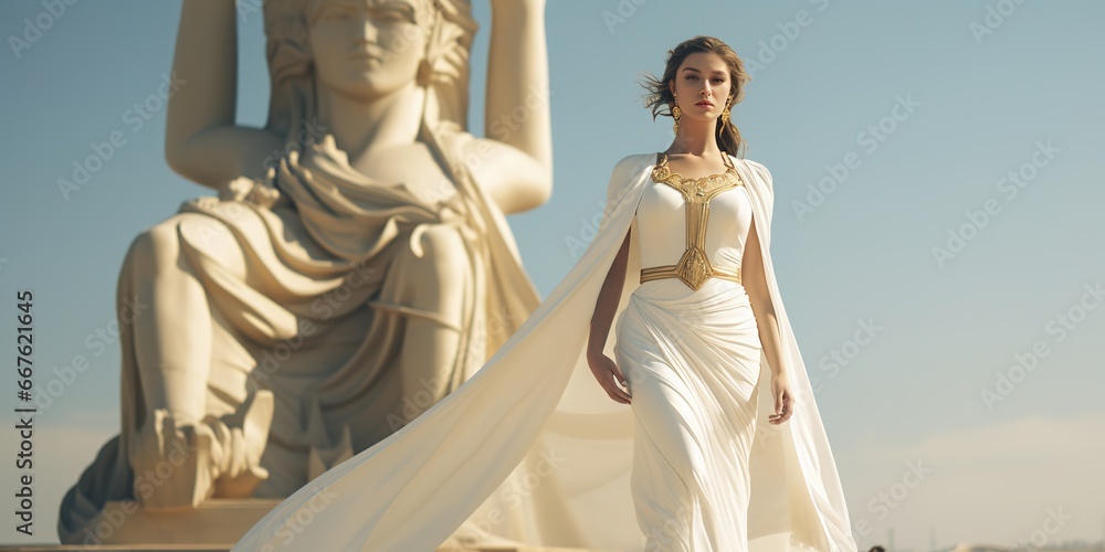 Cleopatra, draped in white and gold, standing tall with the iconic ...