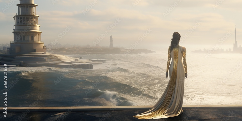 Cleopatra, draped in white and gold, standing tall with the iconic ...