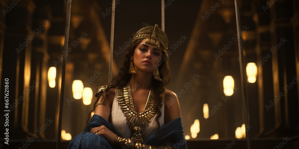 Cleopatra, seated on her golden throne, in a grand hall of her palace ...