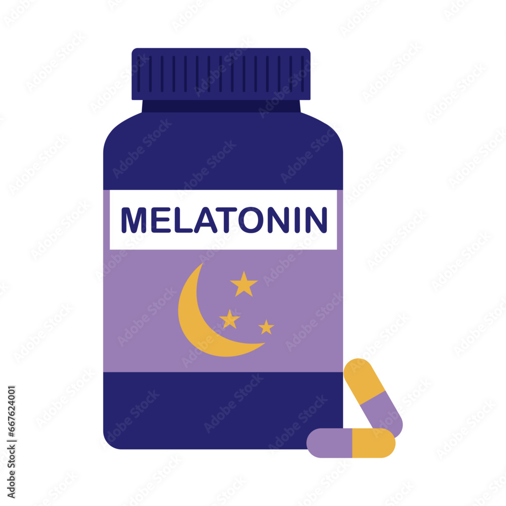 Melatonin capsules bottle for sleeping problem in flat design on white ...