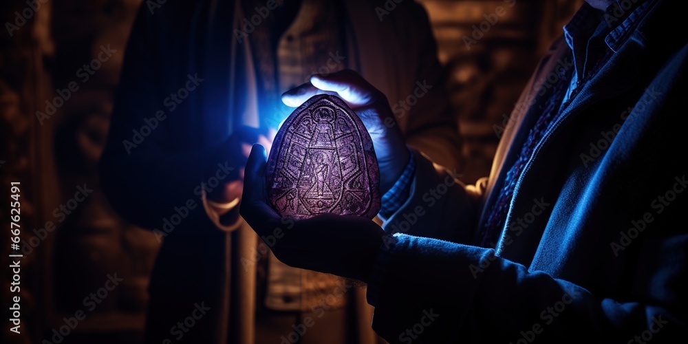 Inside a dimly lit tomb, a historian holds up a glowing scarab amulet ...