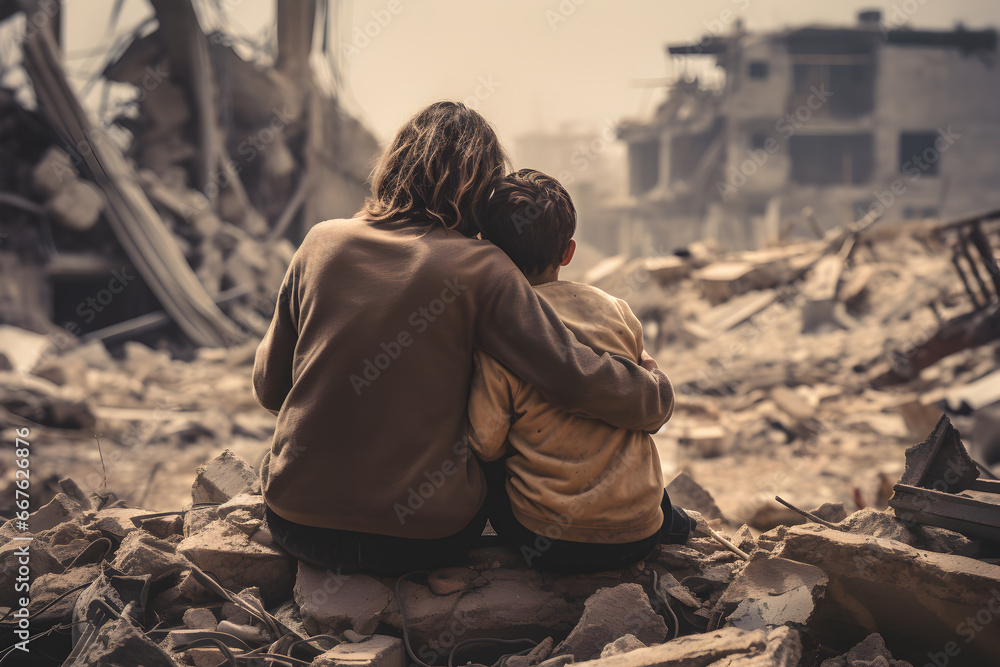 Mother and son hugging each other on the background of a destroyed ...