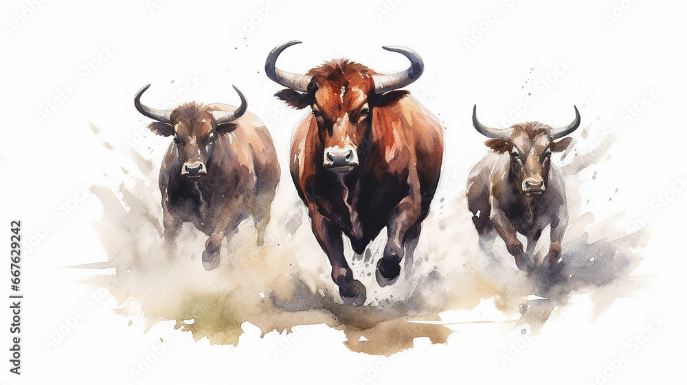 watercolor drawing of a group of bulls running on a white background ...