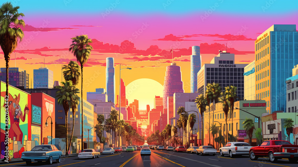 Los angeles city of california pop art with sun set Stock Illustration ...