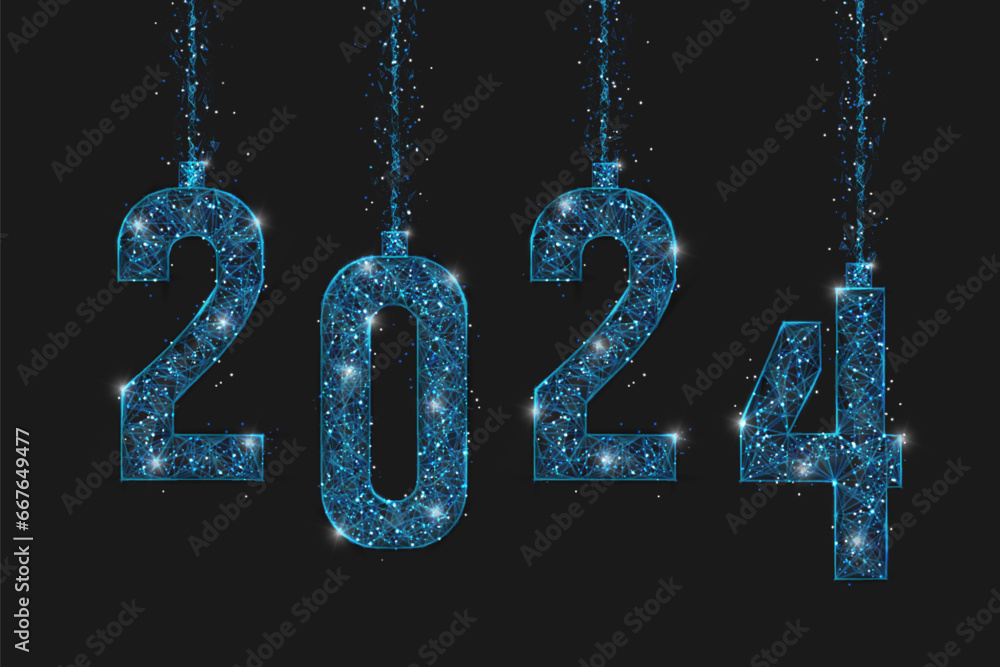 Abstract isolated blue image of new year number 2024. Polygonal low ...