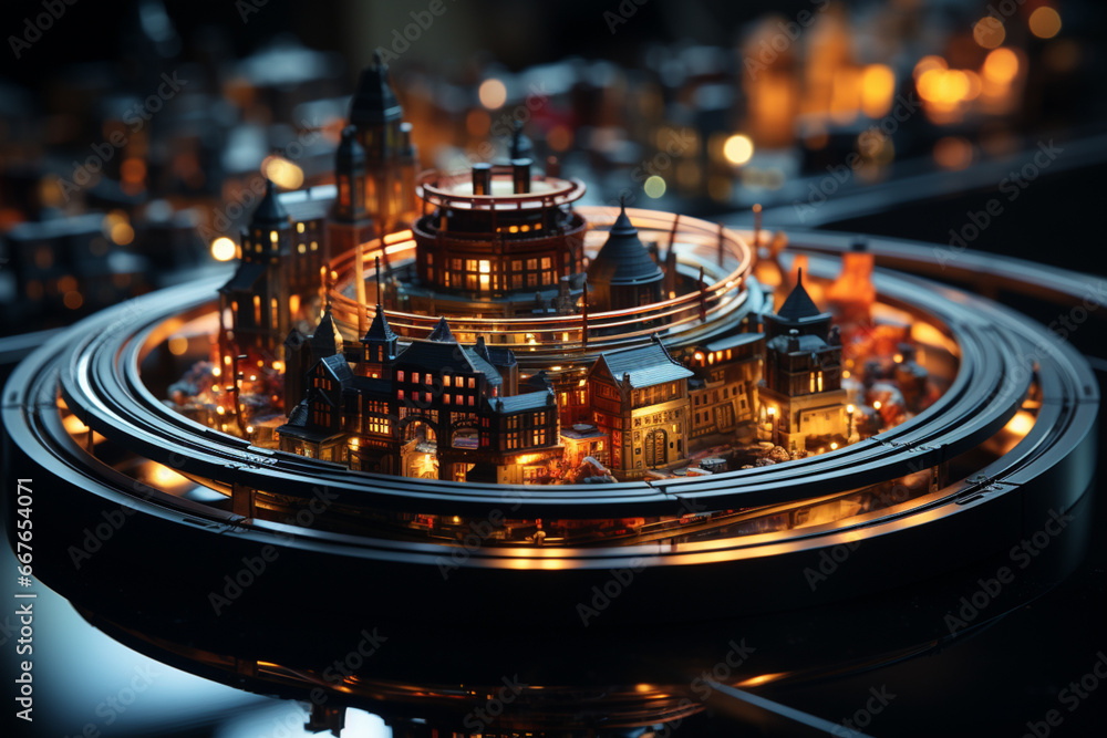 A miniature electric toy train whizzing along a circular track, its ...