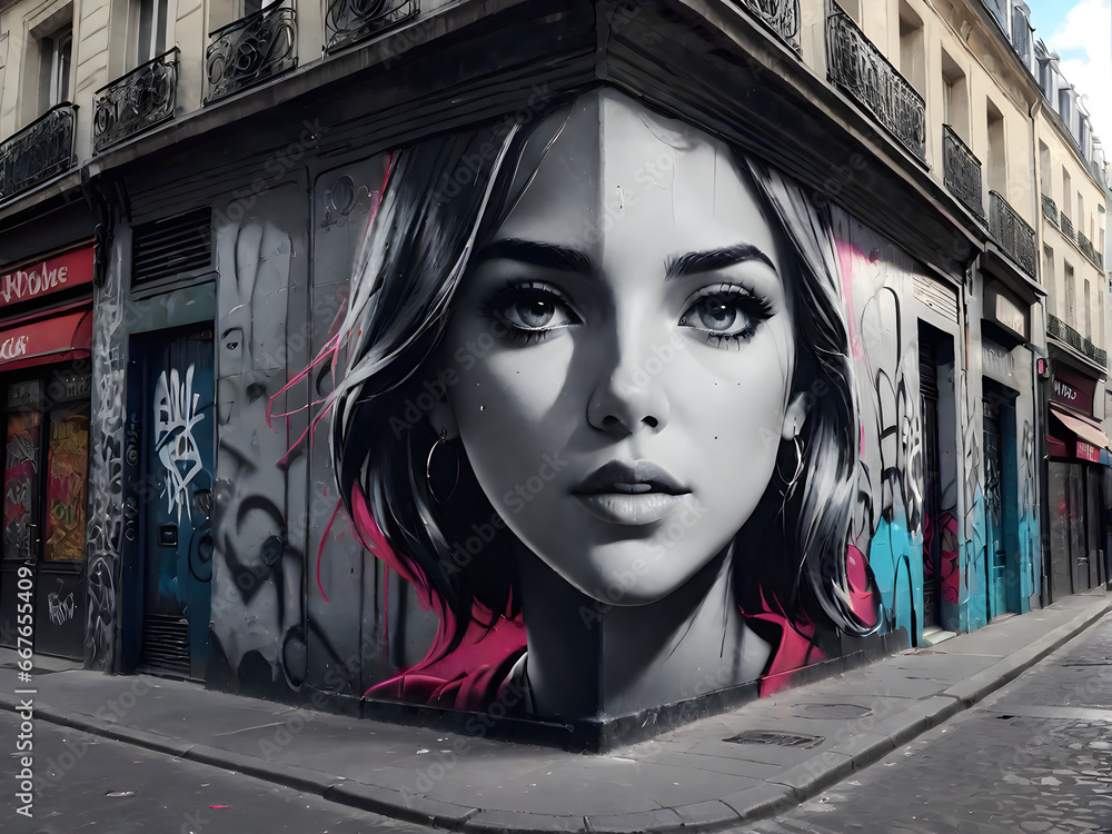 Urban Street Art: Vibrant Face Mural Adorning City Street. generative ...