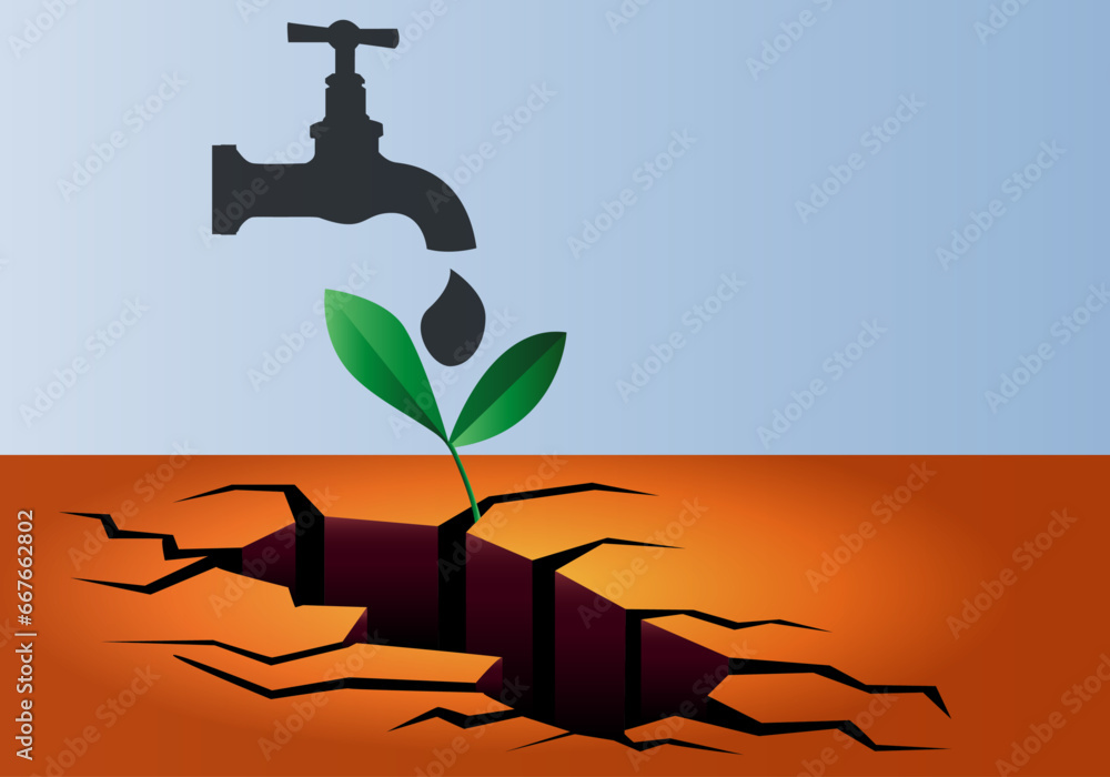 Escasez de agua. Sequía. Grifo goteando sobre un brote verde en una ...