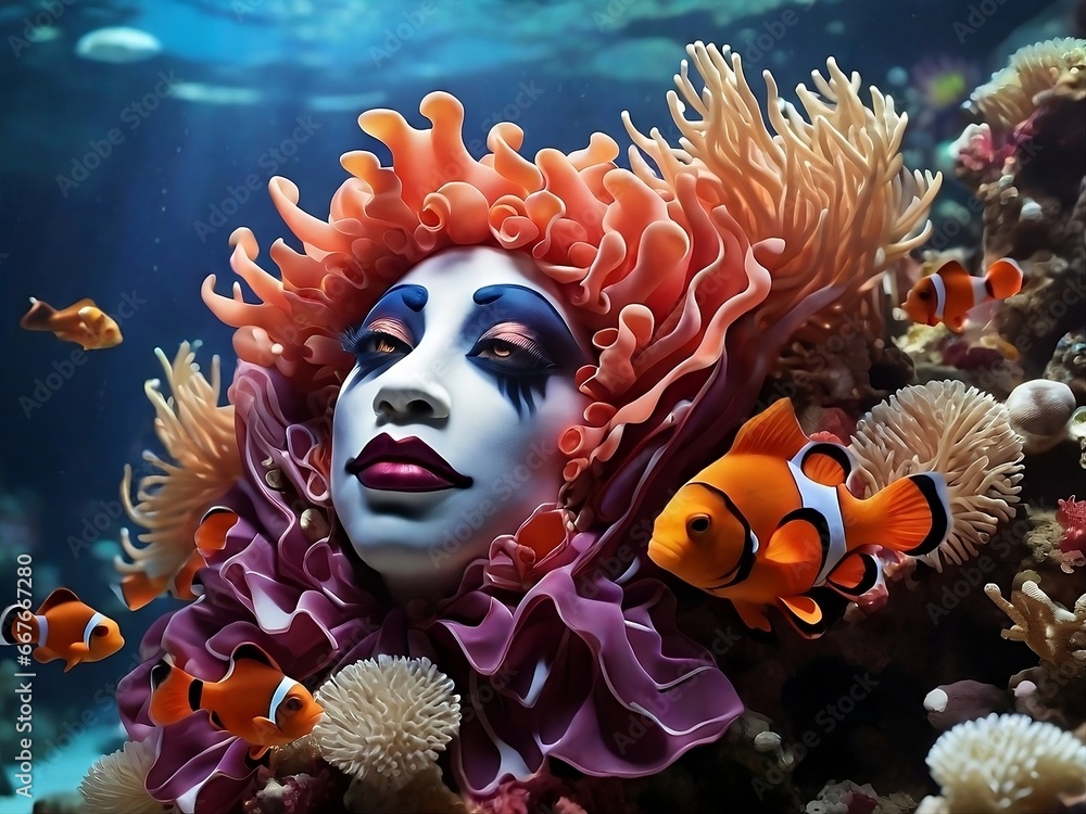 fish in aquarium A vibrant coral reef transformed into a Halloween ...