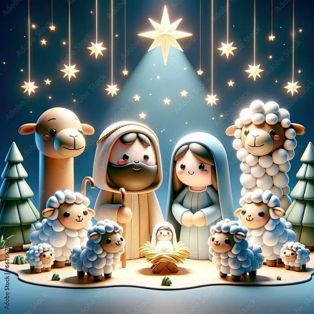 Cartoon-style nativity scene with Mary, Joseph, baby Jesus, and fluffy ...