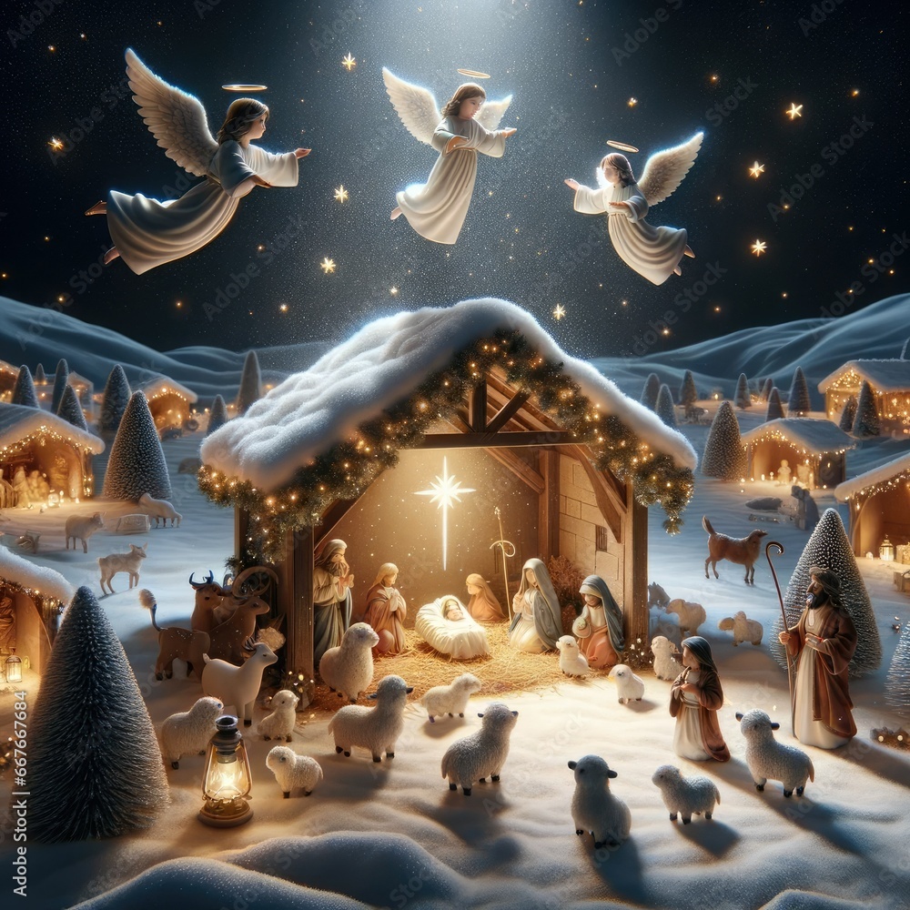 Nativity scene depicts Mary, Joseph, and baby Jesus in a rustic manger ...