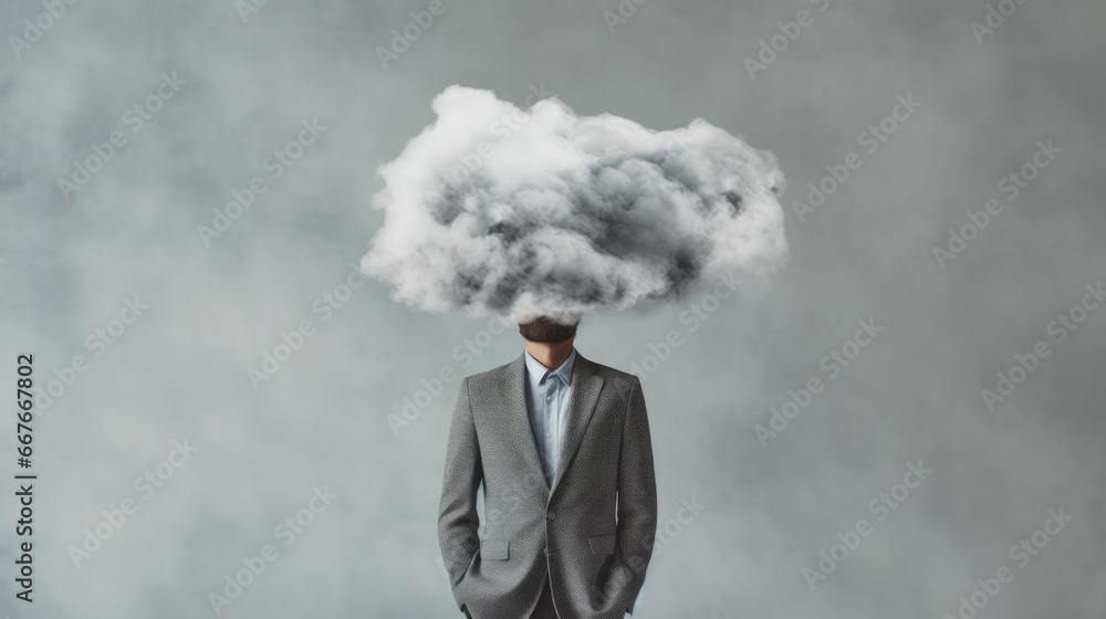 Surreal portrait of a man with a cloud for a head, symbolizing concepts ...