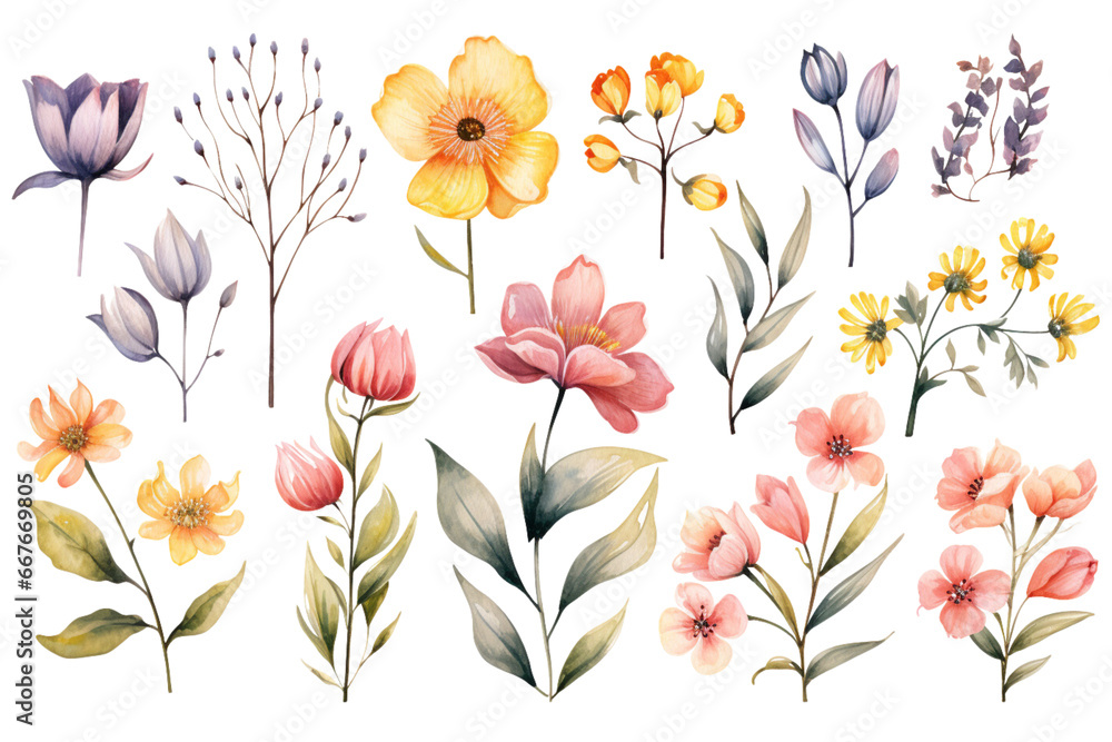 Set of beautiful Spring Flowers Clip Art ,Watercolor collection of hand ...