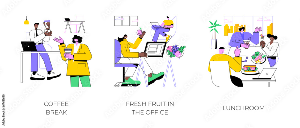 Food in the office isolated cartoon vector illustrations set. Coffee ...