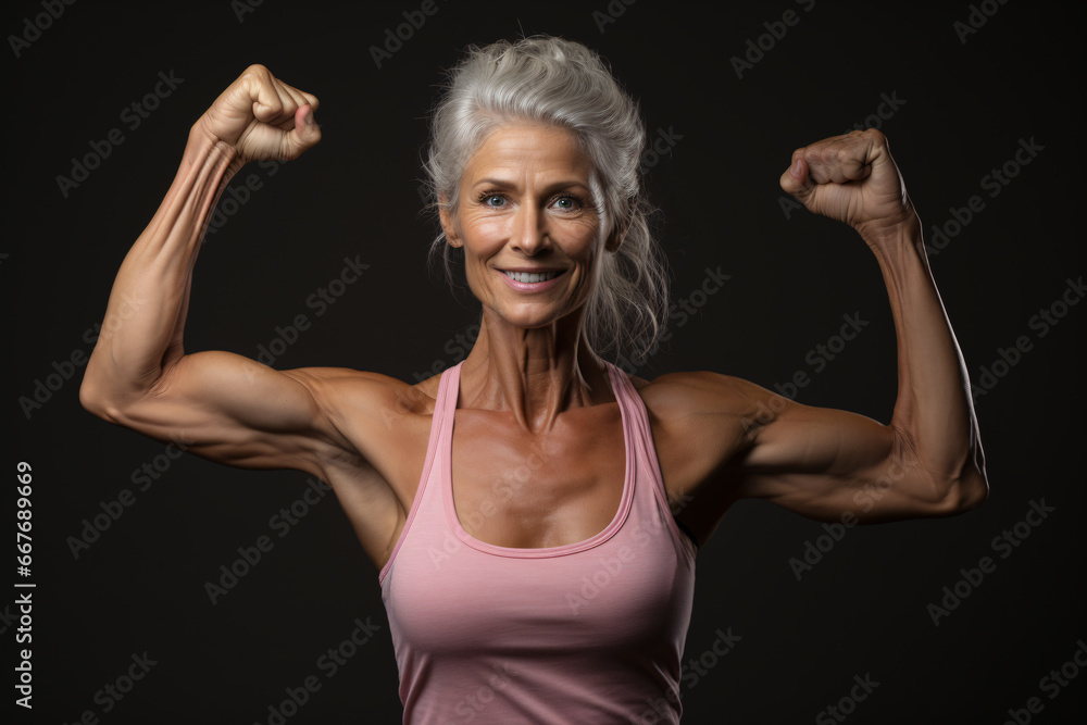 Beautiful cheerful middle aged senior woman with healthy lifestyle ...