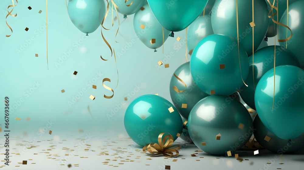 Turquoise Balloons in front of a Bokeh Background. Festive Template for ...