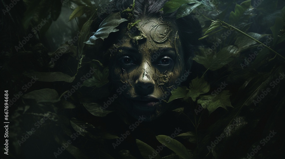 A face emerging from the shadows, enmeshed with the dark mysteries of a ...