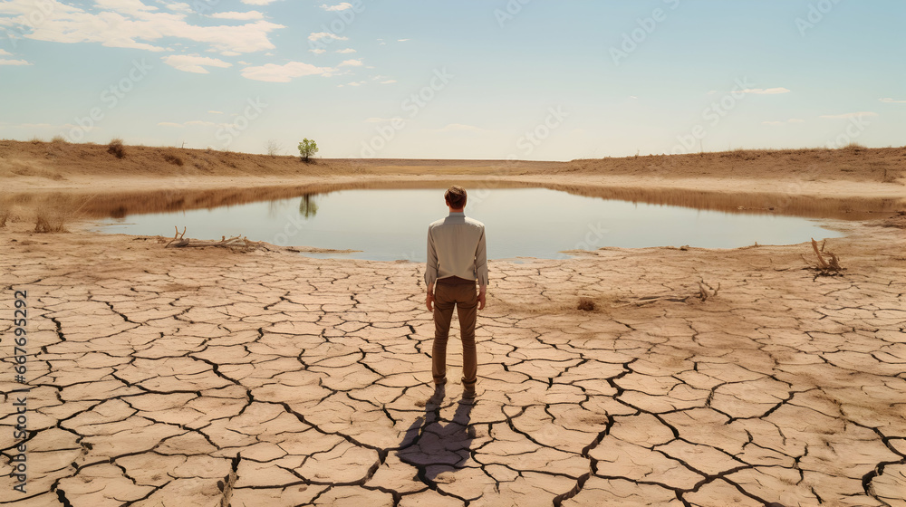 Dry desert planet, drought, dried out lake, concept of climate change ...