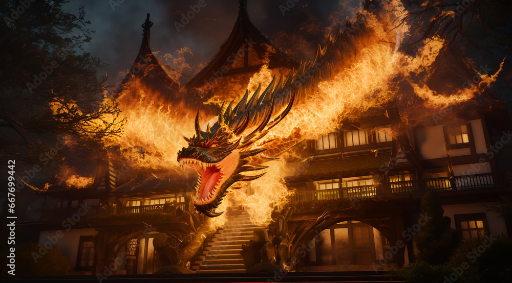 Dragon god demon on fire near a traditional Japanese temple Stock ...