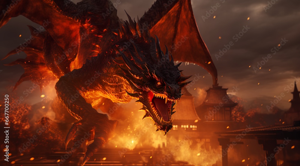Dragon god demon with fire near a traditional Japanese temple Stock ...