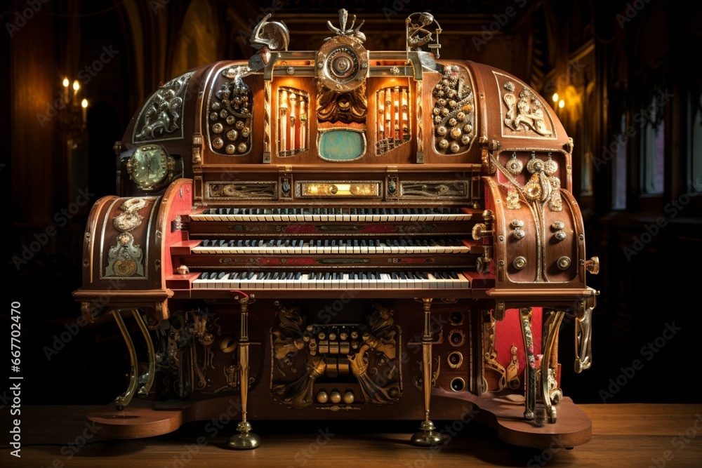 An old-fashioned musical instrument with multiple keyboards and pipe ...
