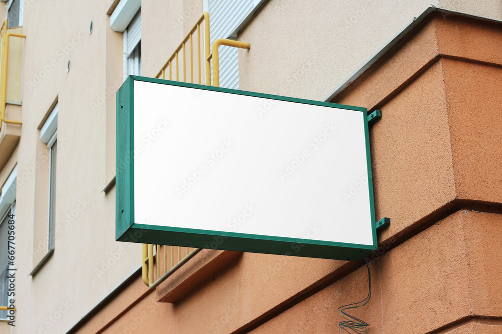 Blank white store sign design mockup. Street storefront shop, cafe ...