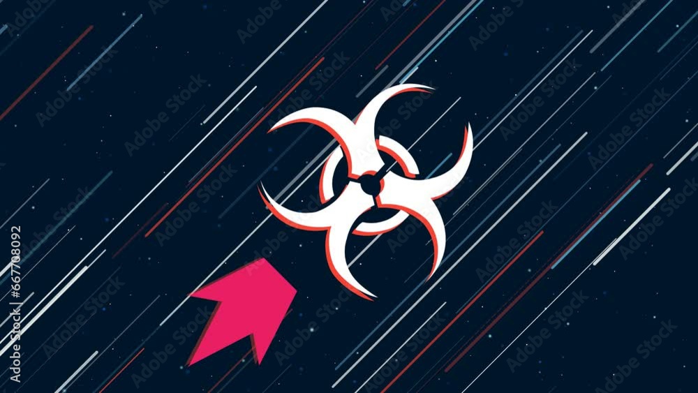 Biohazard symbol flies through the universe on a jet propulsion. The ...