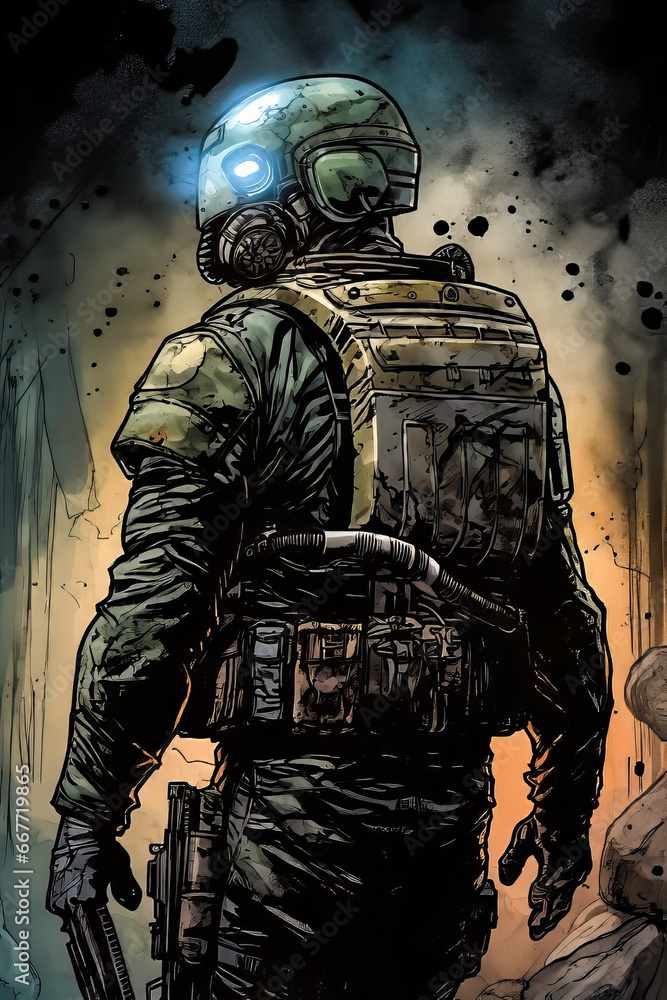 Graphic Novel Soldier of the Future. Generated Image. A digital ...