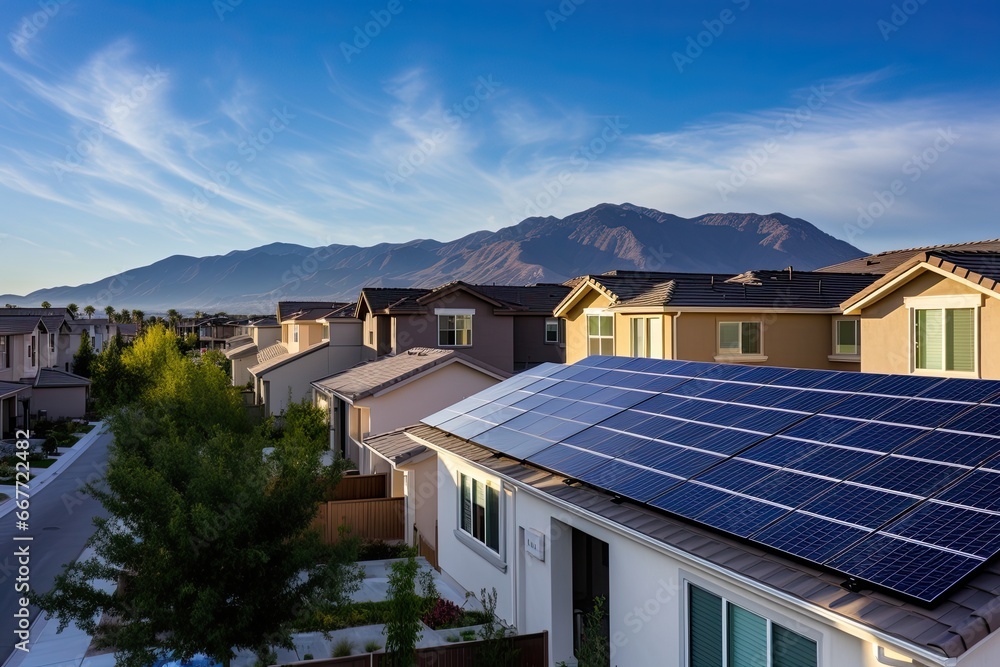 Suburban neighborhood's rooftops with solar panels, generating clean ...