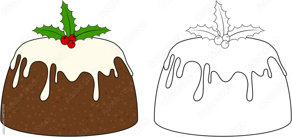 Christmas pudding with holly. Coloring book page for children. Colored ...