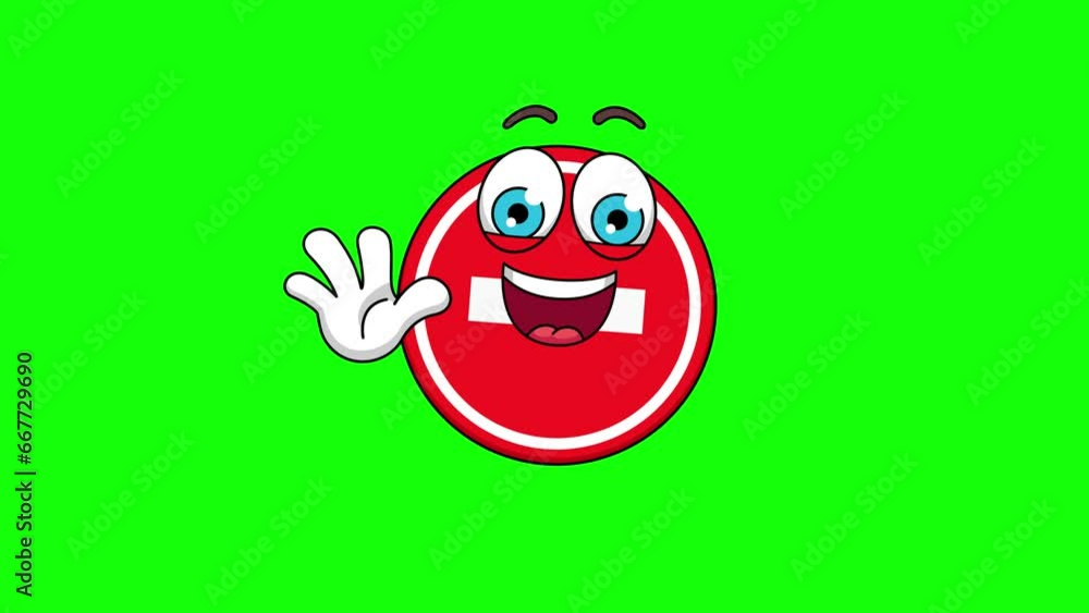 Waving hand animation of a stop sign cartoon, mascot character on green ...