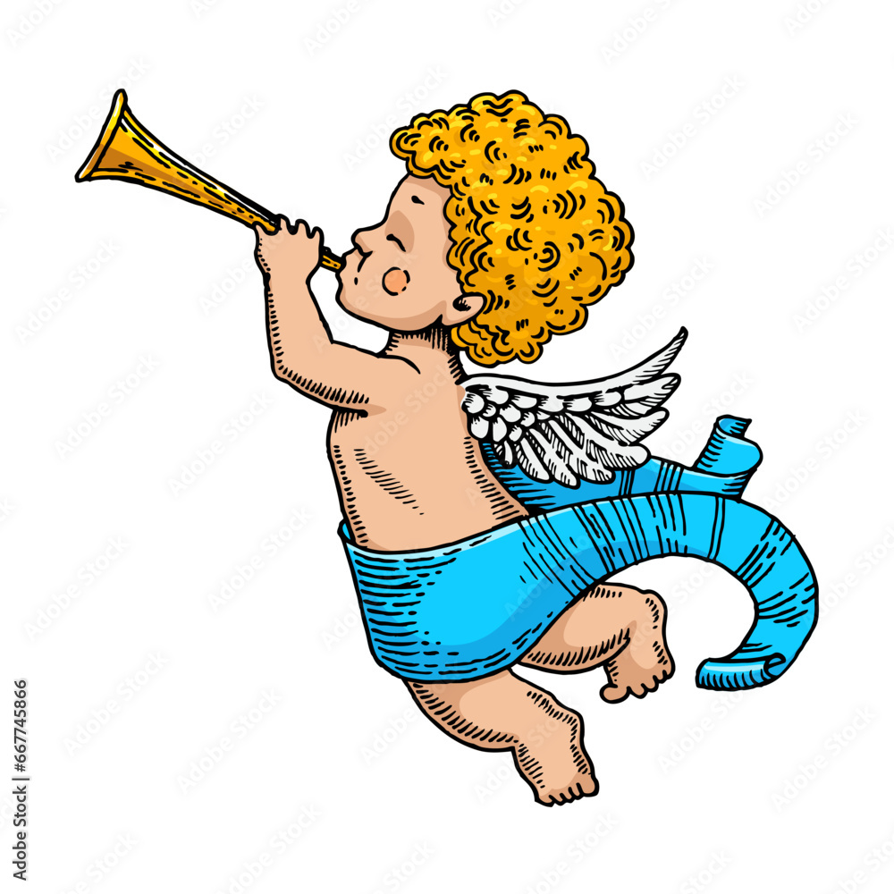 Angel baby with horn line art hand drawn color sketch engraving vector ...
