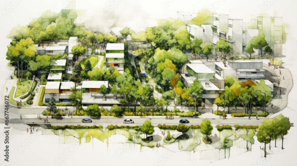 hand drawing of Urban planning sketch highlighting sustainable ...