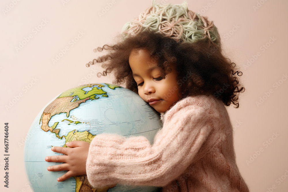 Child hugging planet Earth model. World heritage, environment protection, Earth day, ecology ...
