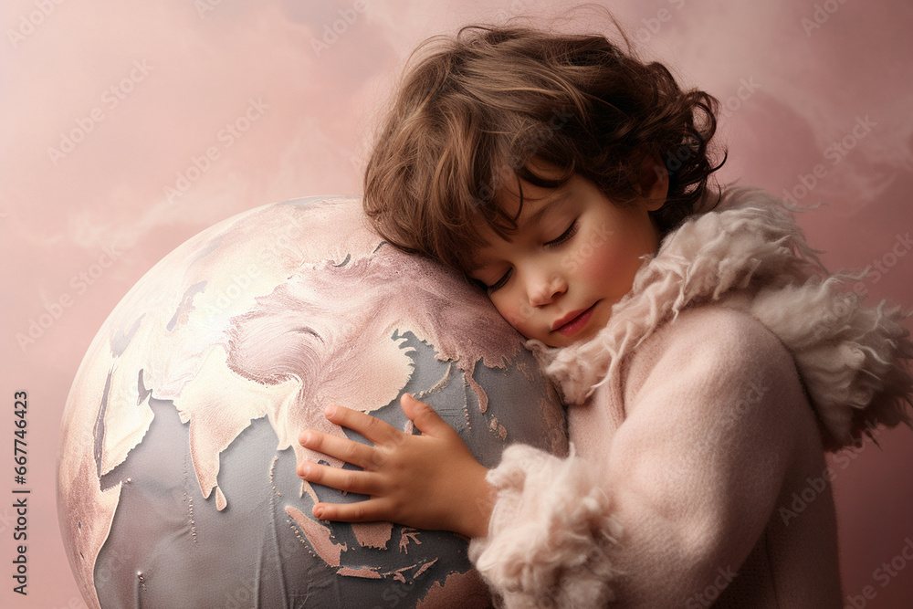 Child hugging planet Earth model. World heritage, environment ...