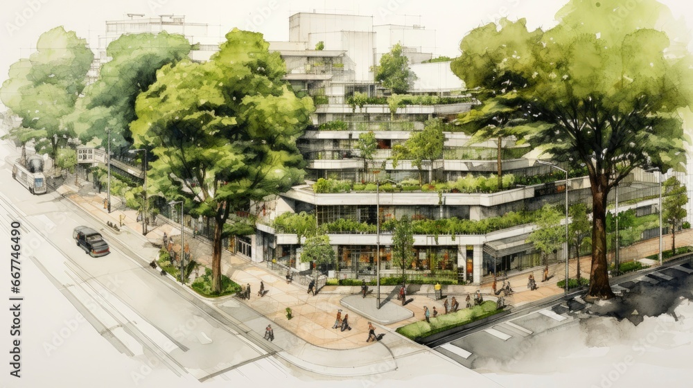 hand drawing of Urban planning sketch highlighting sustainable ...