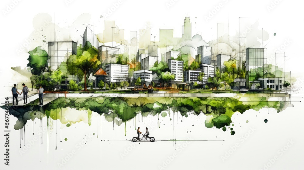 hand drawing of Urban planning sketch highlighting sustainable ...