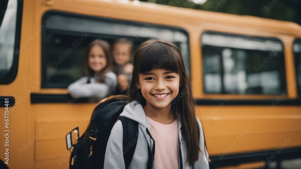 Smiling elementary student girl smiling and ready to board school bus ...