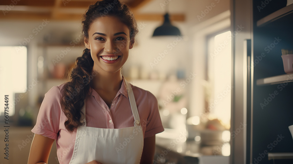 Proud woman posing in her kitchen clean-smiling mom standing in the ...