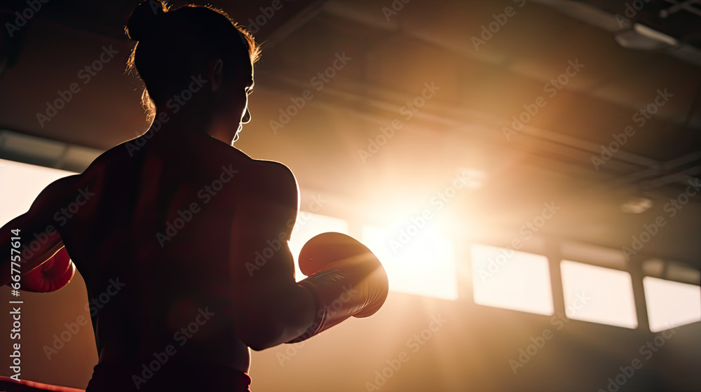 woman from behind trains on a boxing ring in a ray of orange light ...
