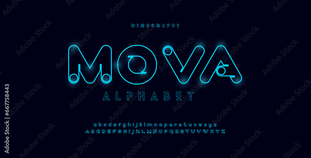 MOVA, Abstract digital technology logo font alphabet. Minimal modern ...