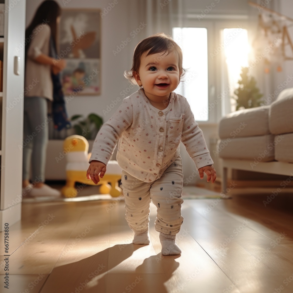 A picture of a baby taking their first steps on a hardwood floor. This ...