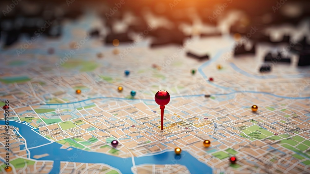 Find your way. Location marking with a pin on a map with routes ...