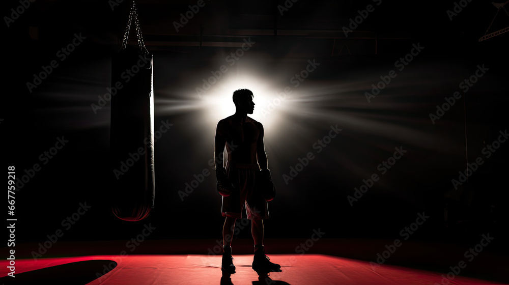 Dynamic Display of young boxer in the Shadows, muscular man training in ...