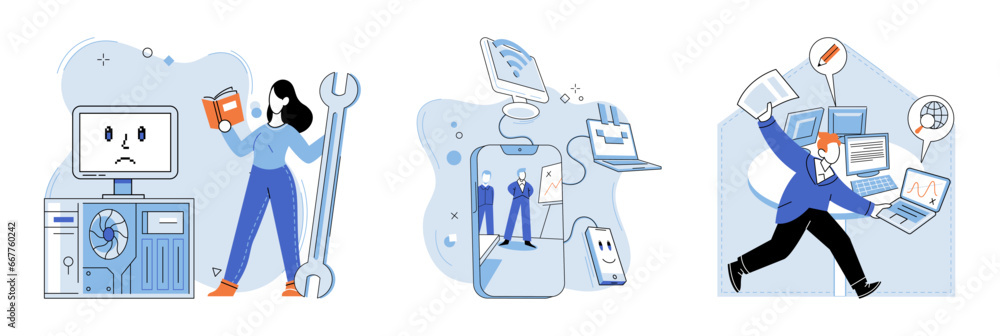Computer troubleshooting. Vector illustration. Technical expertise is ...
