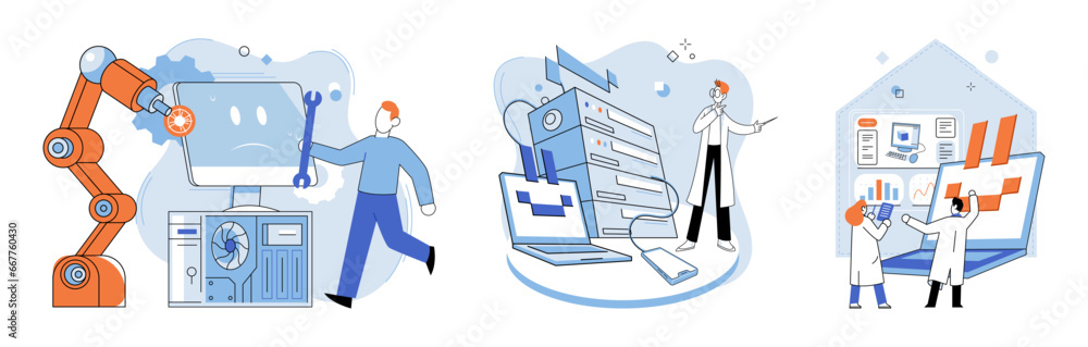Computer troubleshooting. Vector illustration. The computer ... Computer troubleshooting. Vector illustration. The computer ...
