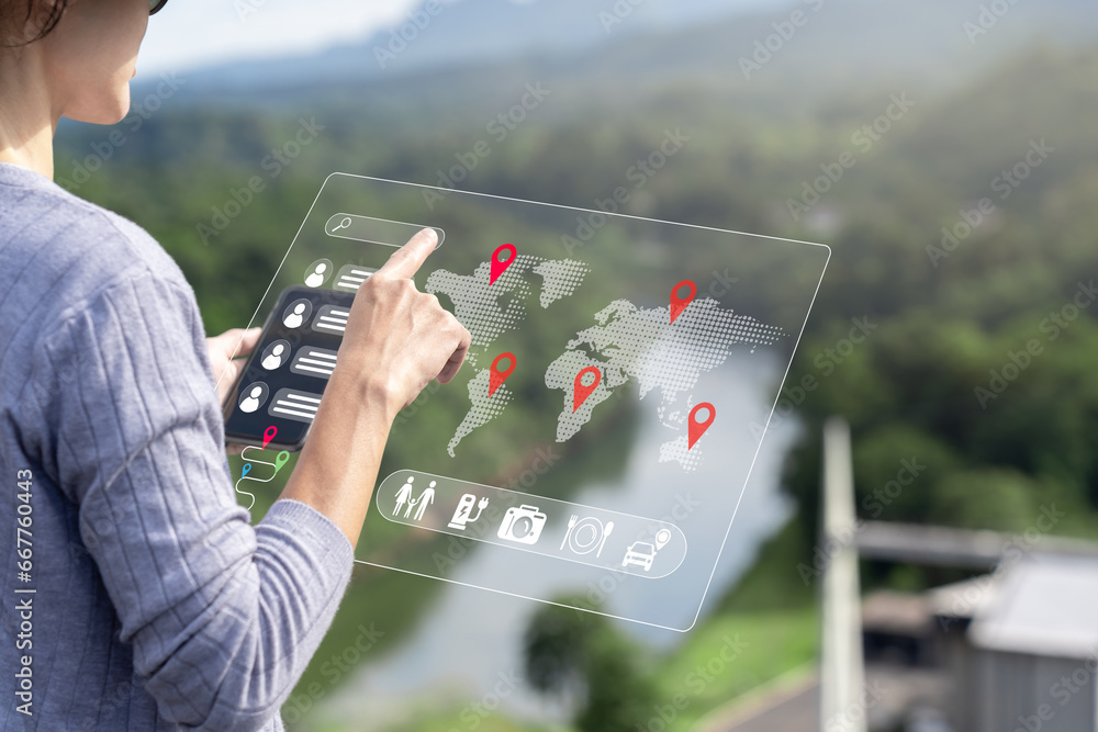 Technology, social media, tourism travel planning concept, Female ...