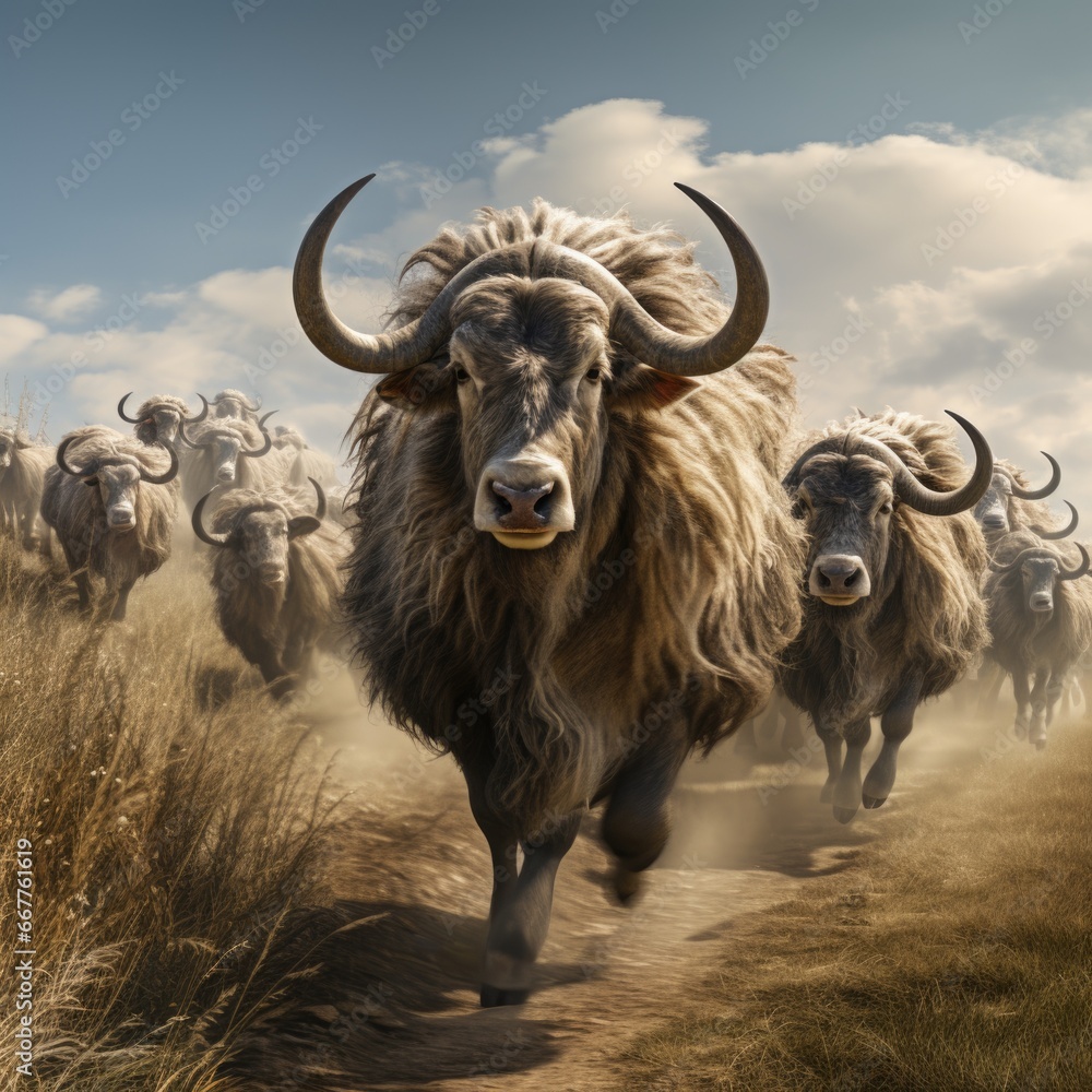 A dynamic image capturing a herd of yak running down a dirt road ...