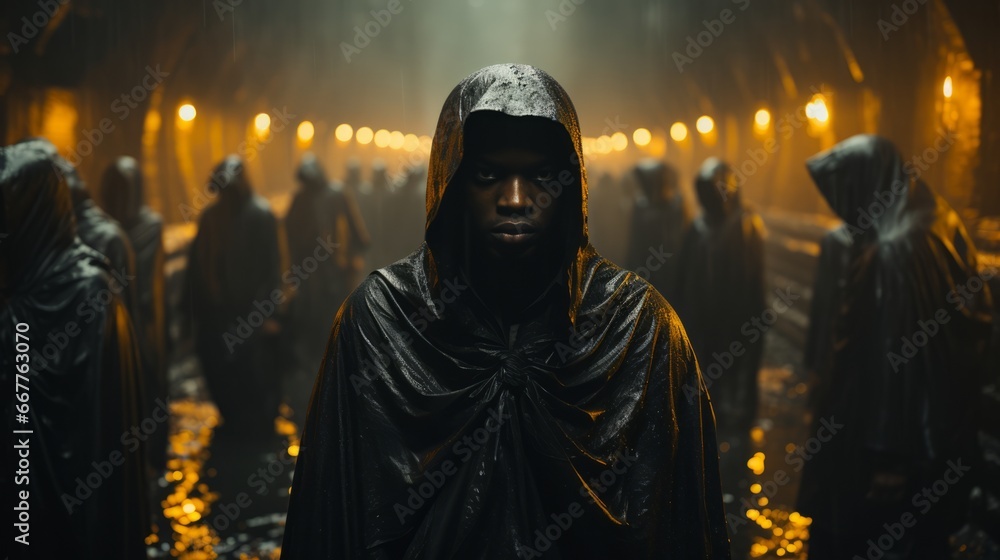 In the dark of night, a mysterious figure in a black cloak stands alone in the light, their ...