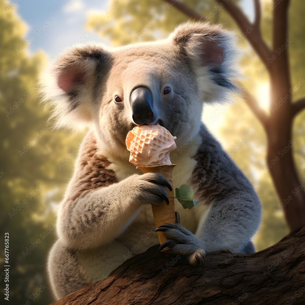 Koala on tree eating an ice cream,koala bear enjoying an ice cream ...